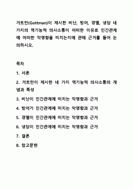 거트만(Gottman)이 제시한 비난, 방어, 경멸, 냉담 네 가지의 역기능적 의사소통이 어떠한 이유로 인간관계에 어떠한 악영향을 미치는지에 관해 근거를 들어 논의하시오. 건강가정론-1페이지