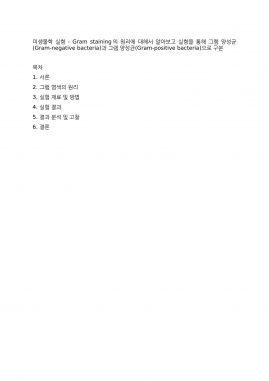 미생물학 실험 - Gram staining의 원리에 대해서 알아보고 실험을 통해 그램 양성균(Gram-negative bacteria)과 그램 양성균(Gram-positive bacteria)으로 구분-1페이지
