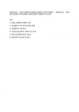 한중(한국과 중국)산업협력,농업협력,공업협력,자동차산업협력, 한중(한국과 중국)영상산업협력,의약산업협력,관광산업협력, 한중협력 개선과제-1페이지