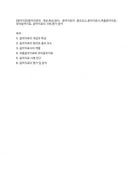 [음악치료]음악치료의 개념,특성,원리, 음악치료의 중요요소,음악치료사,즉흥음악치료,유아음악치료, 음악치료의 사례,평가 분석-1페이지