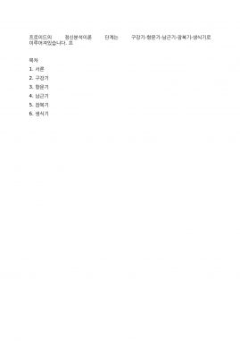 프로이드의 정신분석이론 단계는 구강기-항문기-남근기-잠복기-생식기로 이루어져있습니다. 프-1페이지