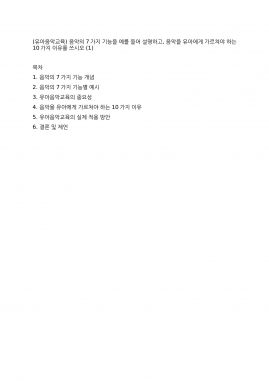 (유아음악교육) 음악의 7가지 기능을 예를 들어 설명하고, 음악을 유아에게 가르쳐야 하는 10가지 이유를 쓰시오-1페이지