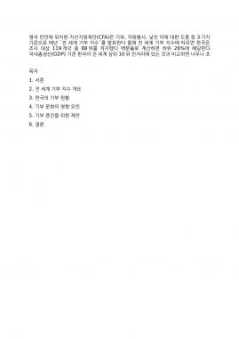영국 런던에 위치한 자선지원재단(CFA)은 기부, 자원봉사, 낯선 이에 대한 도움 등 3가지 기준으로 매년 `전 세계 기부 지수`를 발표한다 올해 전 세계 기부 지수에 따르면 한국은 조사 대상 119개국 중 88위를 차지했다 백분율로 계산하면 하위 26%에 해당한다 국내총생산(GDP) 기준 한국이 전 세계 상위 10위 언저리에 있는 것과 비교하면 너무나 초-1페이지