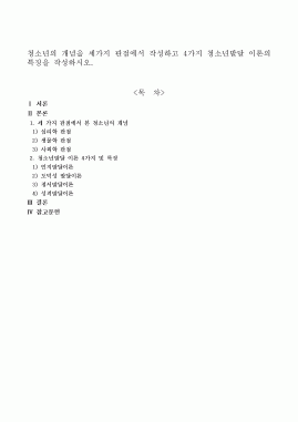청소년의 개념을 세가지 관점에서 작성하고 4가지 청소년발달 이론의 특징을 작성하시오-1페이지