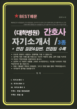 간호사 자기소개서 BEST 3종 예문 모음 면접 간호사 필수면접 질문복원 답변모음 면접팁 추가 수록-1페이지