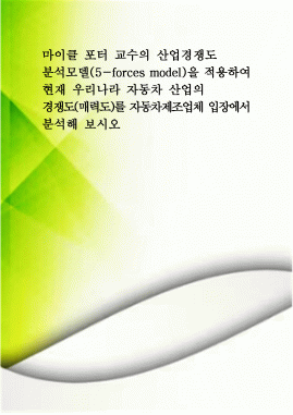 마이클 포터 교수의 산업경쟁도 분석모델(5-forces model)을 적용하여 현재 우리나라 자동차 산업의 경쟁도(매력도)를 자동차제조업체 입장에서 분석해 보시오-1페이지