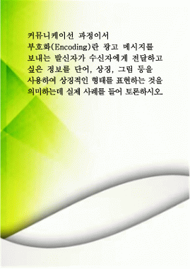커뮤니케이선 과정이서 부호화(Encoding)란 광고 메시지를 보내는 발신자가 수신자에게 전달하고 싶은 정보를 단어, 상징, 그림 등을 사용하여 상징적인 형태를 표현하는 것을 의미하는데 실제 사례를 들어 토론하시오.-1페이지