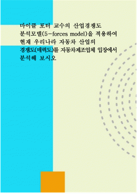 마이클 포터 교수의 산업경쟁도 분석모델(5-forces model)을 적용하여 현재 우리나라 자동차 산업의 경쟁도(매력도)를 자동차제조업체 입장에서 분석해 보시오-1페이지
