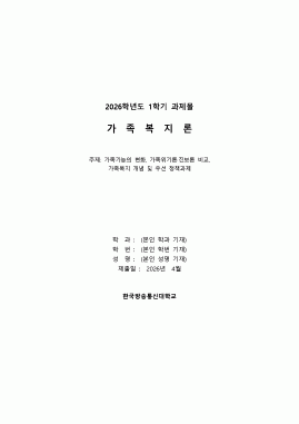 가족복지론 - 1. 교재 내용을 중심으로 가족의 기능에 대해 정리하고, 최근 한국사회의 가족기능 변화를 다루는 일간지 뉴스기사(2024. 1. 1. 이후) 5편을 선정하여 핵심내용을 적절하게 요약한 후, 이를 근거로 하여 가족기능의 변화에 대한 자신의 견해를 구체적으로 기술하시오. (배점 : 10점, A4 2매 내외)  2. 가족의 변화를 바라보는 가족위기론과 가족진보론의 차이를 쟁점별로 비교하고, 각 쟁점에 대 한 자신의 견해를 서술하되, 관련 문헌,-1페이지