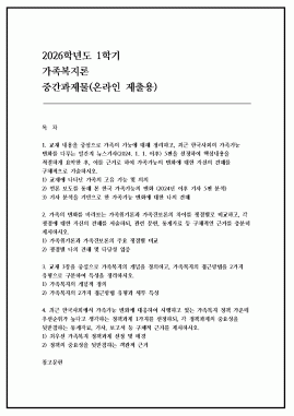 가족복지론] 교재 내용을 중심으로 가족의 기능에 대해 정리하고, 최근 한국사회의 가족기능 변화를 다루는 일간지 뉴스기사(2024. 1. 1. 이후) 5편을 선정하여 핵심내용을 적절하게 요약한 후, 이를 근거로 하여 가족기능의 변화에 대한 자신의 견해를 구체적으로 기술하시오.-1페이지