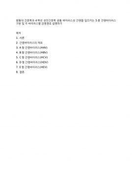 방통대 간호학과 4학년 성인간호학 공통 바이러스성 간염을 일으키는 5종 간염바이러스 구분 및 각 바이러스별 감염경로 설명하기-1페이지