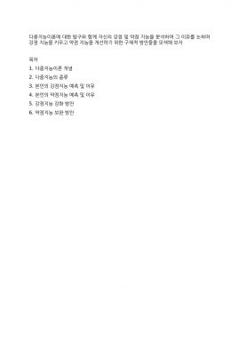 다중지능이론에 대한 탐구와 함께 자신의 강점 및 약점 지능을 분석하여 그 이유를 논하며 강점 지능을 키우고 약점 지능을 개선하기 위한 구체적 방안들을 모색해 보자-1페이지