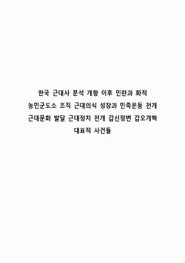 한국 근대사 분석 개항 이후 민란과 화적 농민군도소 조직 근대의식 성장과 민족운동 전개 근대문화 발달 근대정치 전개 갑신정변 갑오개혁 대표적 사건들-1페이지