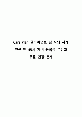 Care Plan 클라이언트 김 씨의 사례 연구 만 45세 자녀 등록금 부담과 무릎 건강 문제-1페이지