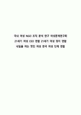 국내 여성 NGO 조직 분석 연구 여성문제연구회 21세기 여성 CEO 연합 21세기 여성 정치 연합 내일을 여는 멋진 여성 한국 여성 단체 연합-1페이지