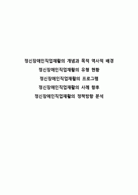 정신장애인직업재활의 개념과 목적 역사적 배경 정신장애인직업재활의 유형 현황 정신장애인직업재활의 프로그램 정신장애인직업재활의 사례 향후 정신장애인직업재활의 정책방향 분석-1페이지