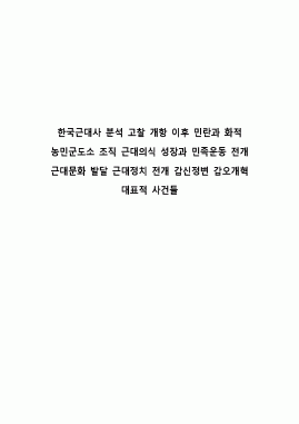 한국근대사 분석 고찰 개항 이후 민란과 화적 농민군도소 조직 근대의식 성장과 민족운동 전개 근대문화 발달 근대정치 전개 갑신정변 갑오개혁 대표적 사건들-1페이지