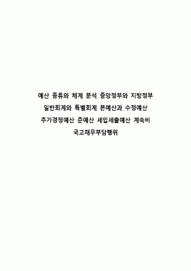 예산 종류와 체계 분석 중앙정부와 지방정부 일반회계와 특별회계 본예산과 수정예산 추가경정예산 준예산 세입세출예산 계속비 국고채무부담행위-1페이지