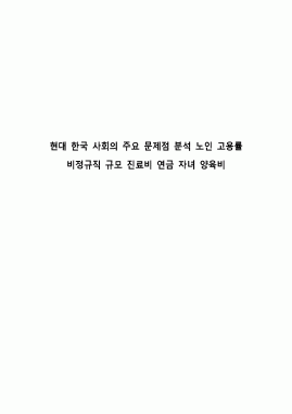 현대 한국 사회의 주요 문제점 분석 노인 고용률 비정규직 규모 진료비 연금 자녀 양육비-1페이지
