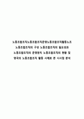 노동조합조직노동조합조직운영노동조합조직활동노조노동조합조직의 구성 노동조합조직의 필요성과 노동조합조직의 운영원칙 노동조합조직의 현황 및 영국의 노동조합조직 활동 사례로 본 시사점 분석-1페이지